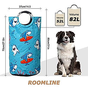 ROOMLINE Laundry Baskets Collapsible Waterproof 82L - Portable Folding Shark Laundry Hamper with Handles - Large Storage Basket for Bedroom Laundry Room Dorm Organization - Blue