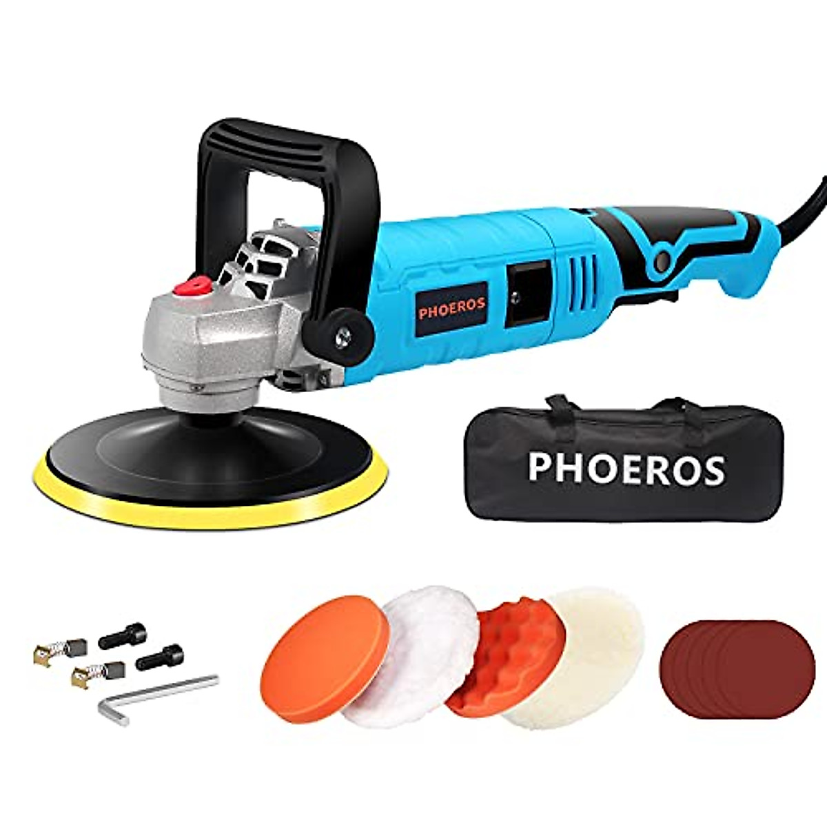 PHOEROS Buffer Polisher，7 inch Car Buffer Polisher kit with 7 Variable Speed, 4 Pads, Tool Bag for Car Polishing Sanding and Waxing Sealing Glaze