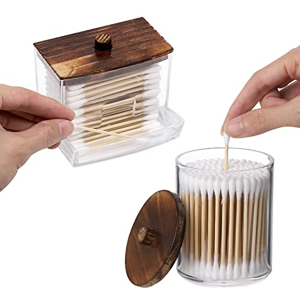 Tbestmax Qtips Holder Bathroom Container with Brown Wood Lids, 10/7 OZ Cotton Ball/Swabs Dispenser, Apothecary Organizer Jar for Storage 2 Pcs