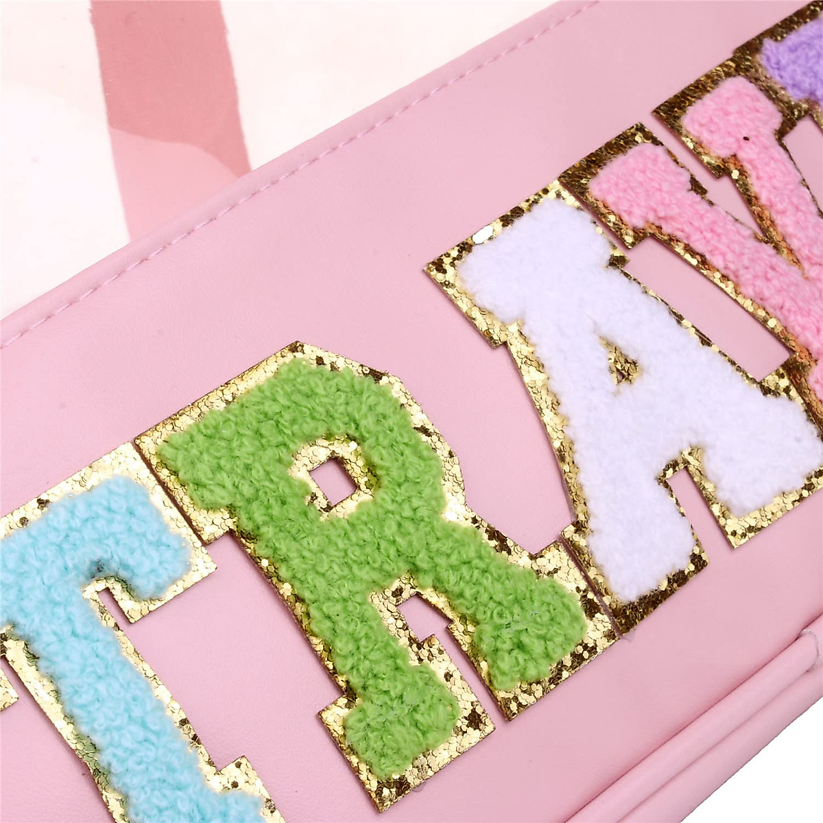 CRUOXIBB Chenille Letter Patch Clear PVC And PU leather Large Travel Makeup Toiletry Storage Bag Waterproof Makeup Tote Bag for Women (Travel-Pink)