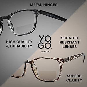 Yogo Vision Bifocal Reading Glasses for Women Men Rectangle Multifocal Readers Fashion Nerd Eyeglasses 3 Pack: Black, Clear, Grey Havana 2.75