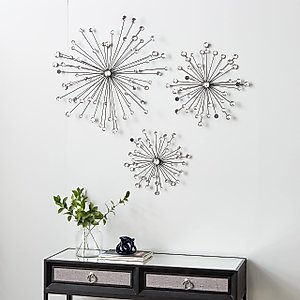 Deco 79 Metal Sunburst Wall Decor with Crystal Embellishment, Set of 3 16", 20", 24"W, Black