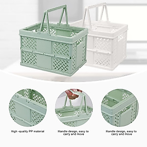 Klyuqoz Pastel Crates for Storage, Cute Crates Pack of 2, Collapsible Crate, Shopping Basket with Handle, Folding for Home Kitchen Office. Size (7.5 x 5.3 x 4.9 in), Green, White