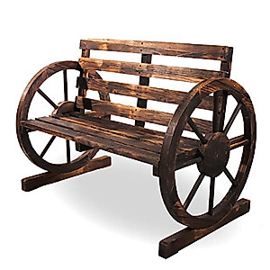 BACKYARD EXPRESSIONS PATIO · HOME · GARDEN 906969-NM Rustic Outdoor Wagon Wheel Design-Slatted Farmhouse Garden, Patio, Porch | Burnt Wood Finish | 2-Person Bench | Backyard Expressions, Brown