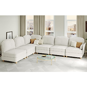 LLappuil Modular Sectional Couch L Shaped Sofa with Storage, Corner Cloud Sofa Sectional for Living Room, 113.5 in Width, 6 Seat Sofa, Teddy Velvet, Beige