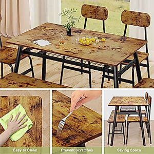 Gizoon 6-Piece Dining Table Set for Home, Kitchen, Dining Room with Storage Racks, Rectangular Kitchen Table with Bench, 4 Chairs, Steel Frame, Brown