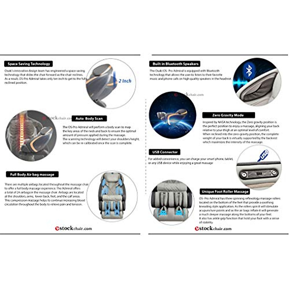 Osaki Os-Pro Admiral G Massage Chair With LED Light Control In Grey, Advanced 3D Technology, Auto Body Scan, L-Track Massage, Space Saving Technology, Zero Gravity Mode, 6 Massage Styles