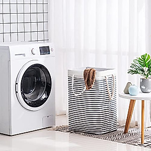 TECHMILLY 72L Large Laundry Hamper with Removable Bag, Collapsible Laundry Basket with Rope Handles, Dirty Clothes Hamper for Bedroom, Living Room, Clothes Toys Organizer, Blue Stripe