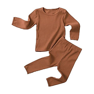 Baby Boys Girls Organic Soft Comfy Cotton Fall Winter Clothes Pants 2-Piece Pajama Set Solid Color Outfit (Brown, 12-18 Months(Size 80))