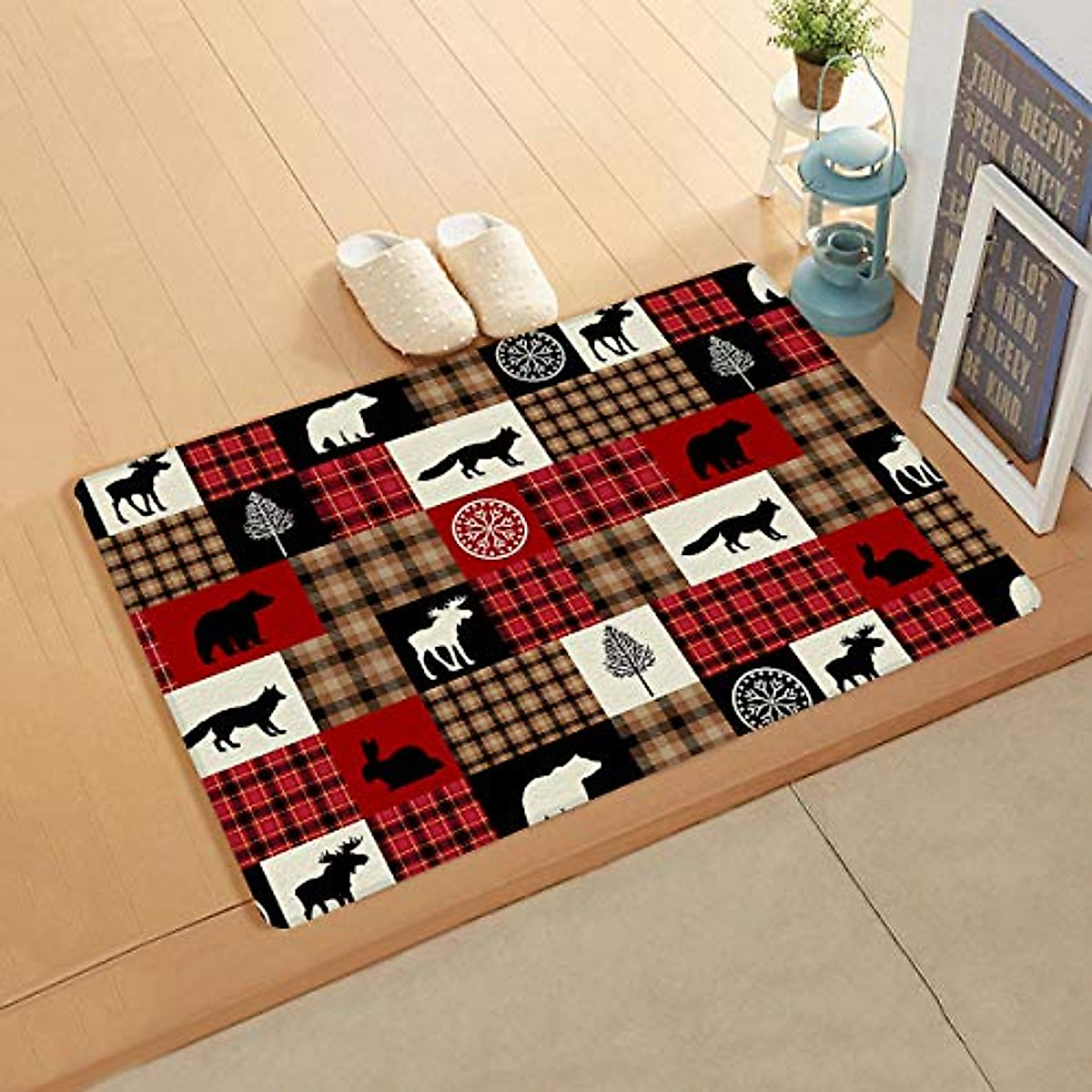 Kitchen Floor Door Mat,Christmas Red and Black Buffalo Check Plaid Bear Elk Wolf Tree Non Slip Kitchen Mats PVC Rugs for Bathroom,Floor Home,Office,Sink,Laundry,18"x47"