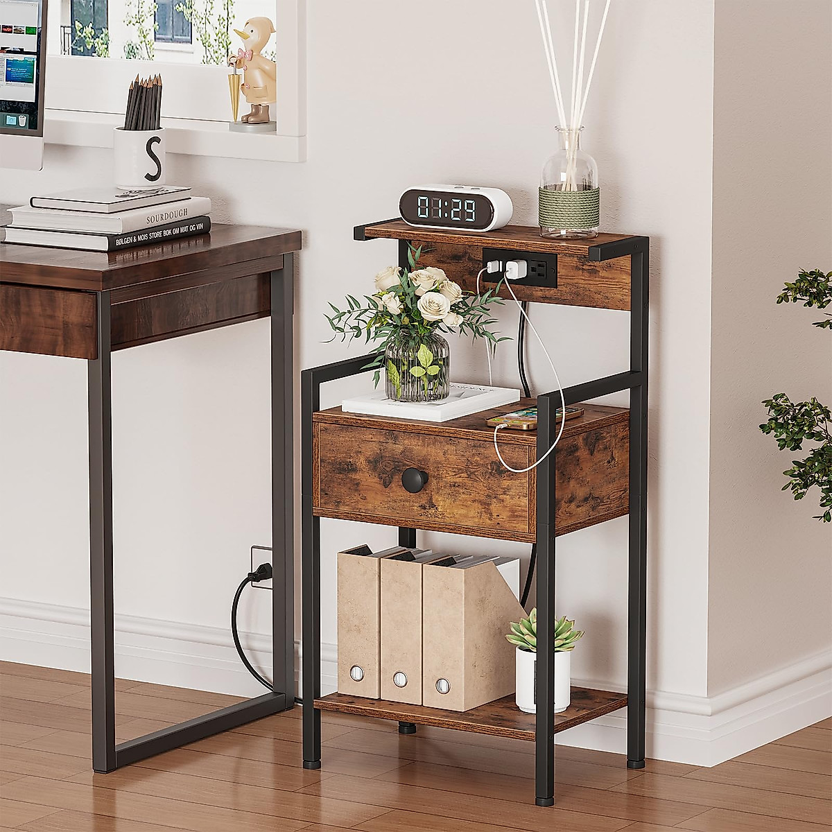 Snughome End Table with Charging Station, 3 Tier Side Table with Open Storage Shelves, Bedside Tables with Drawer, Nightstand with USB Ports & Outlets for Bedroom, Living Room