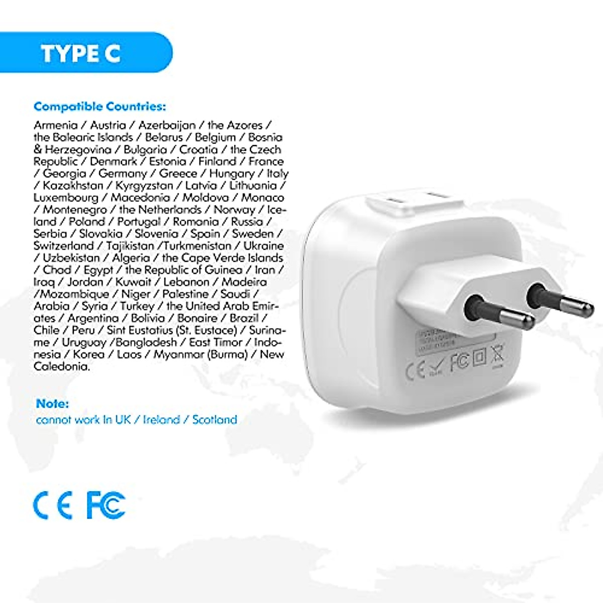 3 Pack European Travel Plug Adapter, Anstronic International Power Adaptor with 2 US Outlet, 2 in 1 European Plug Adapter for USA to Most of Europe EU Italy Iceland France Germany Spain (Type C)
