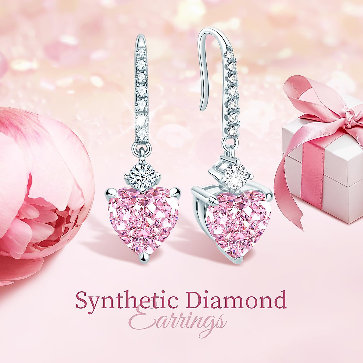 Heart Hoop Earrings for Women Sterling Silver Earring Pink Cubic Zirconia Diamond Dangling Anniversary Birthday Christmas Gifts for Her Hypoallergenic