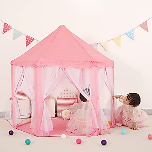 LimitlessFunN Hexagon Princess Play Tent | Includes Star Lights & Carrying Case |, Children Large Indoor Castle Playhouse for Girls, Toddlers, 55" D x 55" W x 53" H