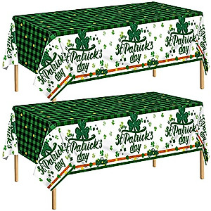 durony 2 Pack St Patrick's Day Tablecloth Green Shamrock Buffalo Plaid Table Cover Waterproof Plastic Tablecloth for St Patrick's Day Party Supplies Table Decorations, 108 x 54 Inch