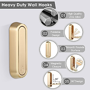 Dntorx Folding Coat Hooks, 2 Pcs Foldable Gold Wall Hooks Heavy Duty Foldable Hook Bathroom Towel Hooks Robe Hooks Wall Mounted for Hanging Coat Towels Clothes Hat Bags Keys