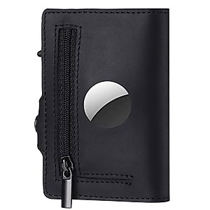 TNE Airtag Wallet (Airtag not Included) Genuine Leather Credit Card Money Holder Automatic Pop Up Mini Aluminum Wallet with Zipper Coin Pocket | Airtag Case Men or Women Air Tag Cover (Black)