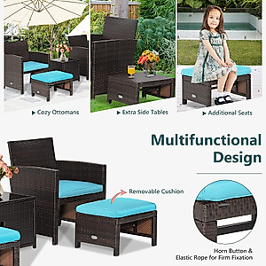 Tangkula 5 Pieces Wicker Patio Furniture Set, Patiojoy Conversation Chair and Ottoman Set with Single-Door Storage Coffee Table and Cushions, Outdoor Lounge Chair Chat Set, Space-Saving (Turquoise)