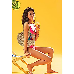 Beach Bag Straw Handbags for Women Natural Chic Large Round Bohemian Shoulder Hand Bag Wallet Purse with Boho Pom Pom Tassel Bag Charm Key Chain (Khaki)