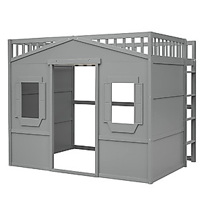 House Loft Bed Twin Loft Beds Solid Wood Frame with Window and Wall Fun Playhouse Bed with Ladder for Kids Boys Girls Teens, Twin Size, Gray