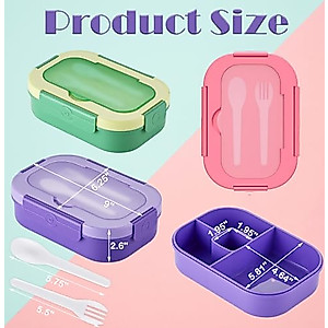 Cheardia 3 Pack Bento Lunch Box for Kid, 44 oz 4-Compartment Food Containers with Fork and Spoon BPA-Free Lunch Containers for Adults, Work, Microwave and Dishwasher Safe, Purple, Pink, Green