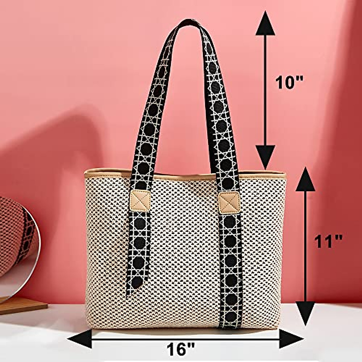 QTKJ Straw Bag, Beach Bags for Women, Soft Woven Beach Tote Canvas Shoulder Strap, Handmade Rattan Handbag for Vacation, Travel and Daily (Black 2)