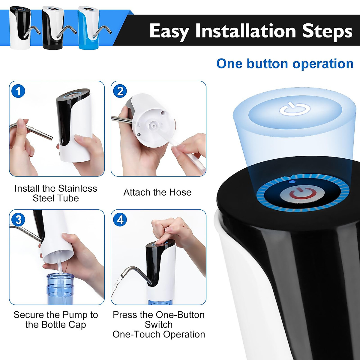 ZOOY 5 Gallon Water Dispenser Pump, Electric Water Bottle Pump USB Charging, Portable Camp Water Jug Dispenser Pump for Camping, Home, Office, Travel - Fits 2-5 Gallon Water Jugs Pump (White)