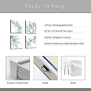 ARTISTIC PATH Natural Leaf Artwork Floral Pictures: Twig Graphic Art Print on Canvas for Bathroom Wall (12" W x 12" H x 4 PCS, Multi-Sized)