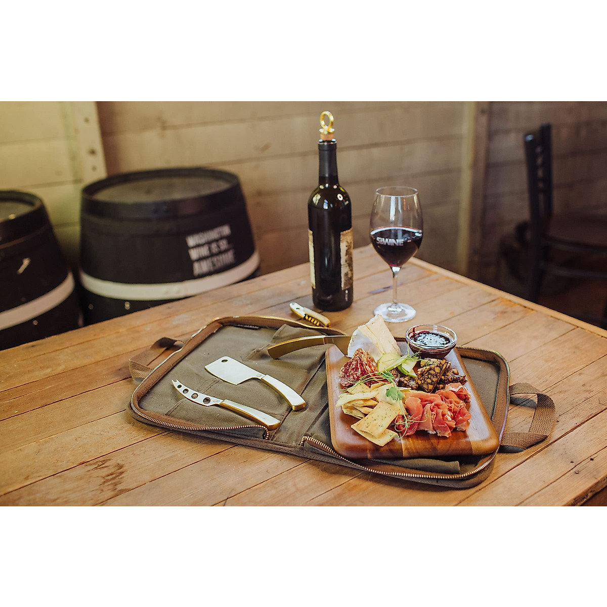 LEGACY - A Picnic Time Brand Monterey Travel Set-Distressed Waxed Canvas Bag with Cheese Knifes and Cutting Board, Khaki Green