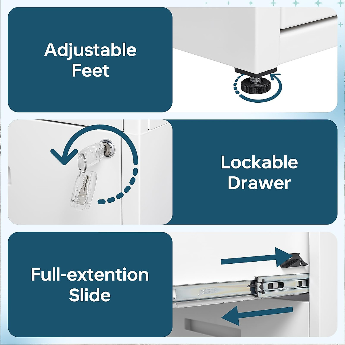 MIIIKO 2 Drawer File Cabinet with Lock and Open Shelf, White Metal Lateral Filing Cabinets Home Office, Tier Shelf Drawers Storage for Letter, Legal, A4 Folders, Books, Stationery Printers