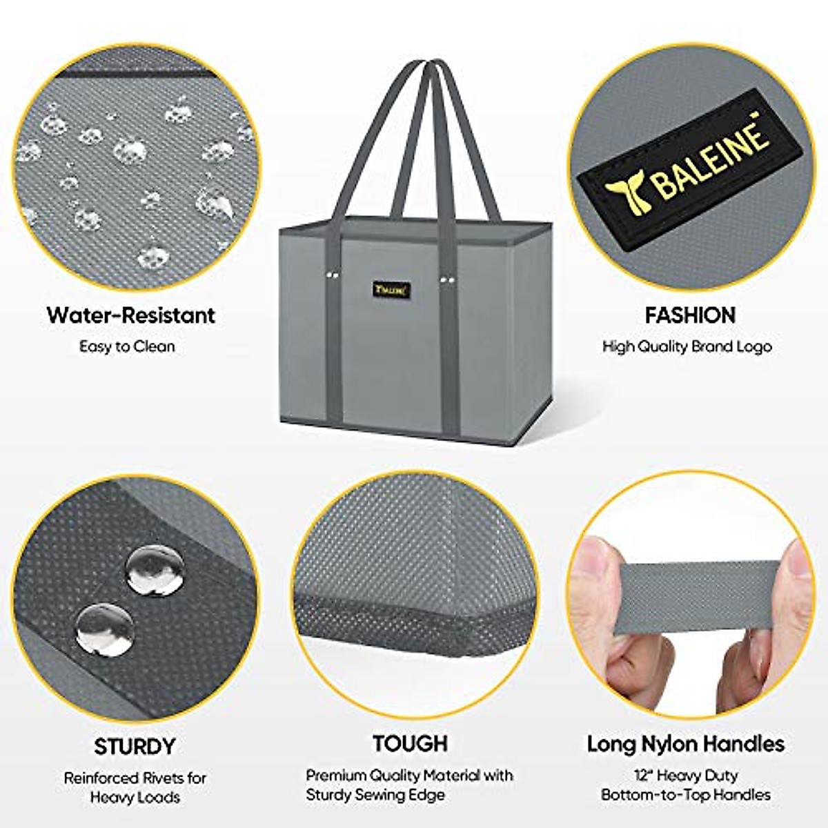 BALEINE 3Pk Reusable Grocery Bags, Foldable Shopping Bags for Groceries with Reinforced Bottom & Handles (Reindeers)