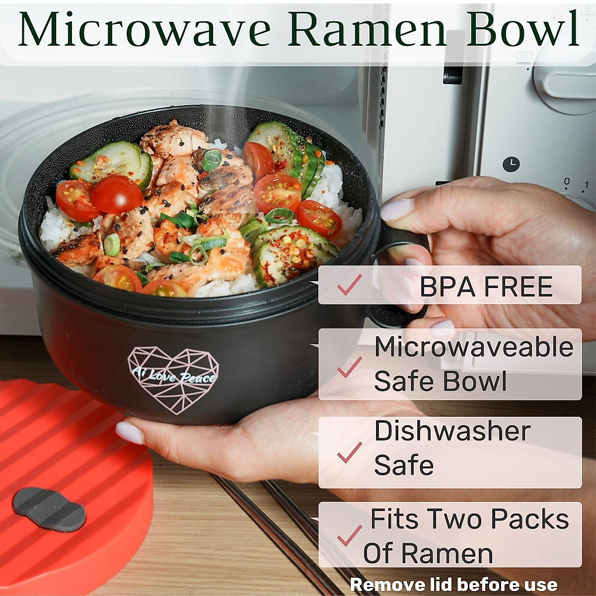 AI LOVE PEACE Microwave Ramen Bowl with Lid - Microwavable Noodle Cooker Container for Dorm Essentials, Ramen Maker, Meal Prep Microwave Safe Instant Noodles Soup Bowl - BPA Free, Dorm Room Gift (Red)