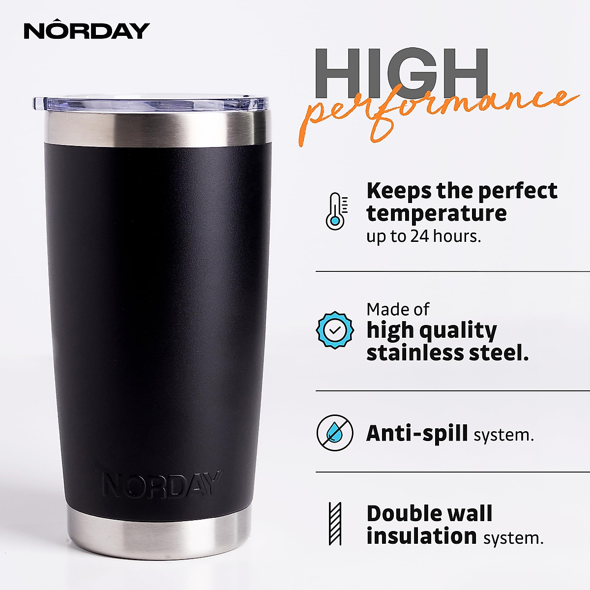 NORDAY | Tumbler Cup with Lid - 20oz - Black | Vacuum Insulated Tumbler - Travel Tumbler - Stainless Steel Tumblers - Double Wall Coffee Tumbler - Keeps Temperature up to 24hr - Anti Spill Lids