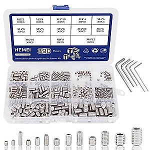 HEMEI 390Pcs M3/M4/M5/M6/M8 Hex Allen Head Socket Set Screw Assortment Kit Internal Hex Drive Flat Point 304 Stainless Steel Metric Grub Screw with 5pcs Hex Wrenches