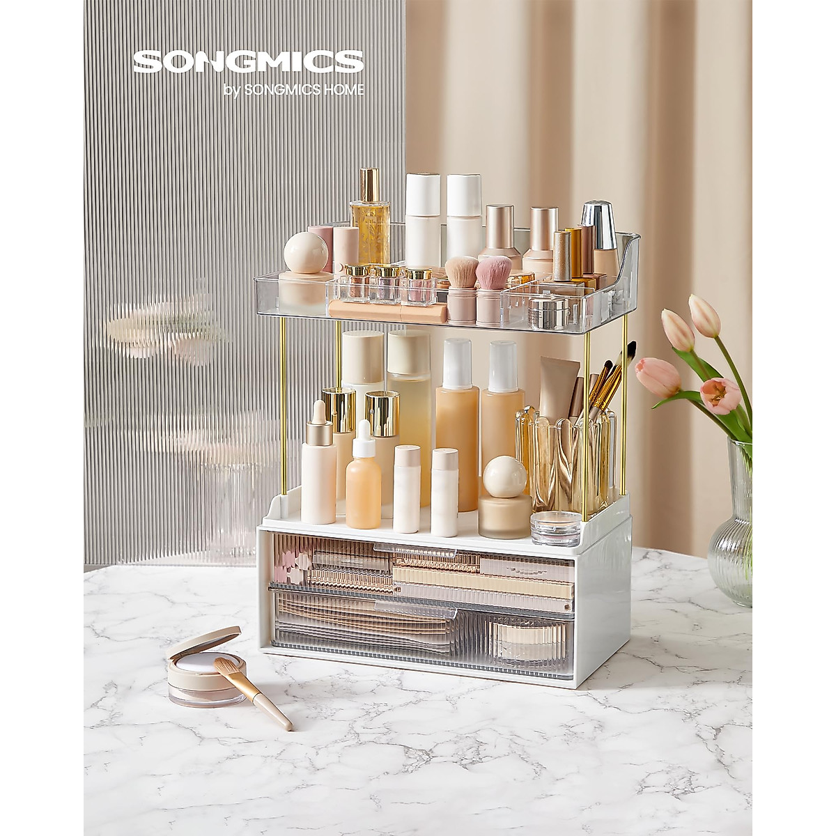 SONGMICS 4-Layer Makeup Organizer, Skincare Organizer, 4 Dividers, Anti-Slip Design, Bathroom Counter Organizer, Versatile for Vanity Bedroom Kitchen, Christmas Gift, Transparent UJKA021W02