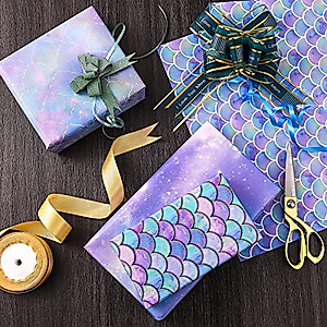 PlandRichW Birthday Wrapping Paper Folded for Girls Kids Baby Women Mermaid Scale Scallop Galaxy 4 Styles of Gift Wrapping Paper for Weddings Graduation Anniversaries 12 Sheets 20 X 29 Inch