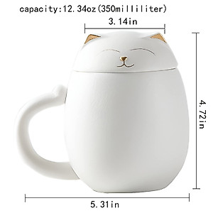 DUANMUL Cat Mug Cute Ceramic Coffee Cup with Infuser and Lid,Filter for Steeping Loose Leaf,kawaii coaster,Novelty Morning Cup Tea Milk Christmas Mug Chinese Handmade Porcelain Teacup(White)