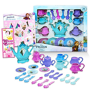 Classic Disney Frozen Tea Set Bundle ~ 26 Pc Frozen Tea Party Decorations, Cups, Tea Pot, Featuring Anna and Elsa with Frozen Stickers (Frozen Tea Set Party Supplies)