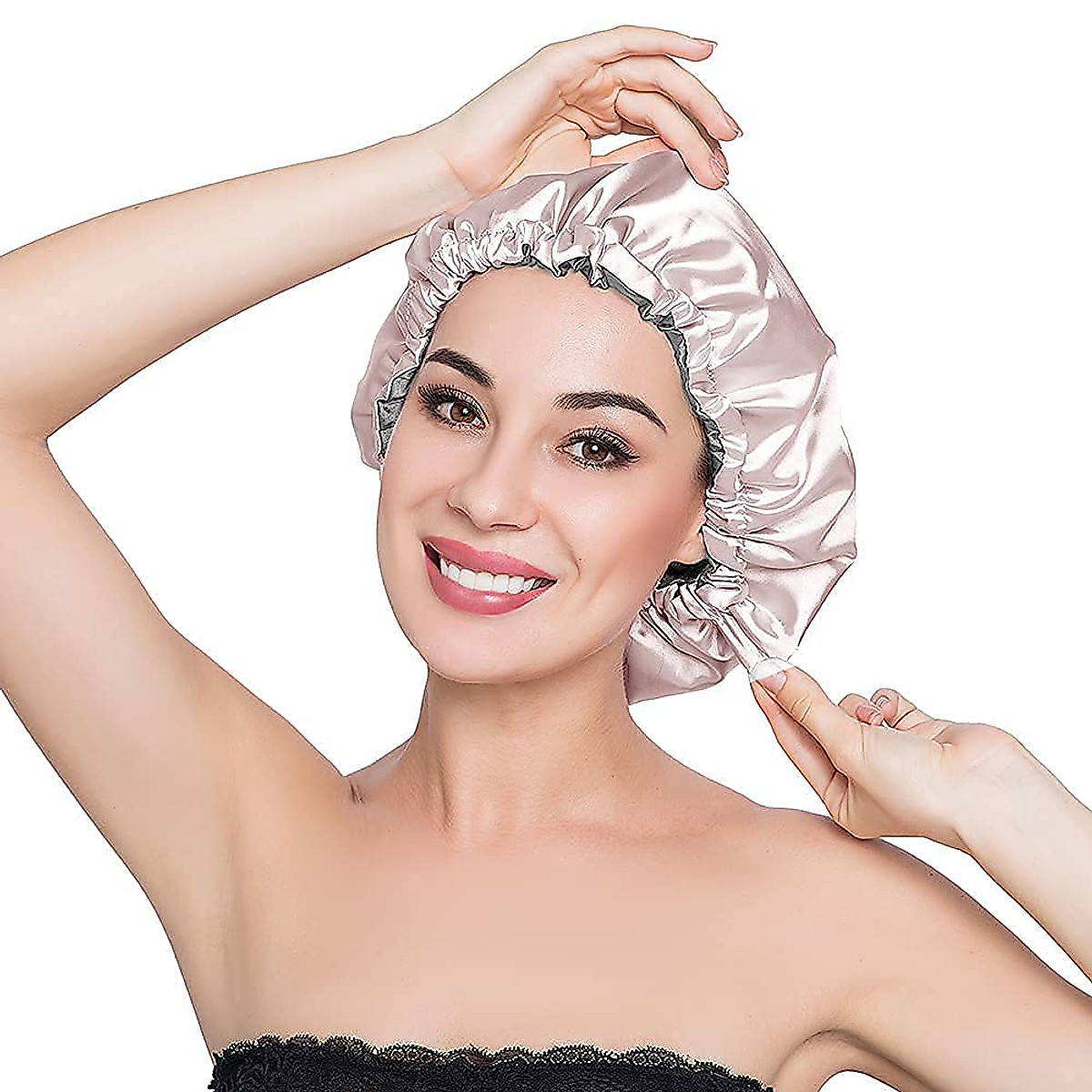 ELIHAIR Stain Bonnet Silky Sleep Cap Adjustable Satin Cap for Night Sleeping Hair Bonnet Reversible Double Layer Champagne/Grey