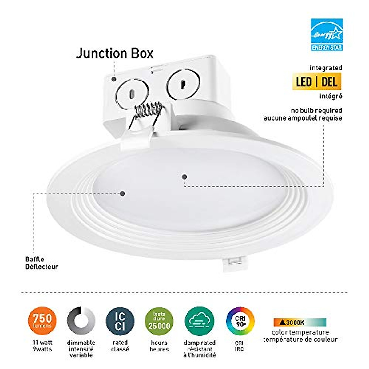 6" LED Integrated Ridged Baffle Round Trim Recessed Lighting Kit 4-Pack, 11 Watts, Energy Star, CEC Title 24 Compliant, IC Rated, Dimmable, White, 6.25" Hole Size,91341