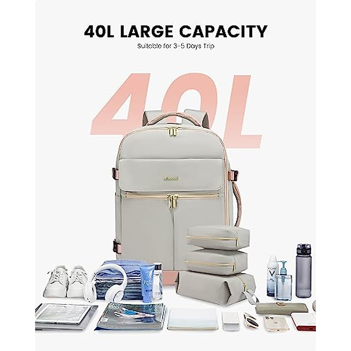 LOVEVOOK Carry On Backpack, 40L Travel Backpack Women with 3 Packing Cubes, TSA Airline Approved Suitcase Bag as Personal Item, Waterproof 17 inch Laptop Backpack for Weekender Overnight,Grey Pink