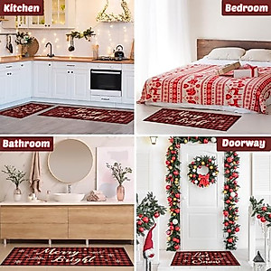 WERNNSAI Christmas Kitchen Mat - 2 Piece Kitchen Mats Set Red Buffalo Plaid Indoor Floor Mats Non-Slip Kitchen Backing Area Rugs Xmas Door Carpet for Home Christmas Decor (17’’ x 47’’+17’’ x 30’’)