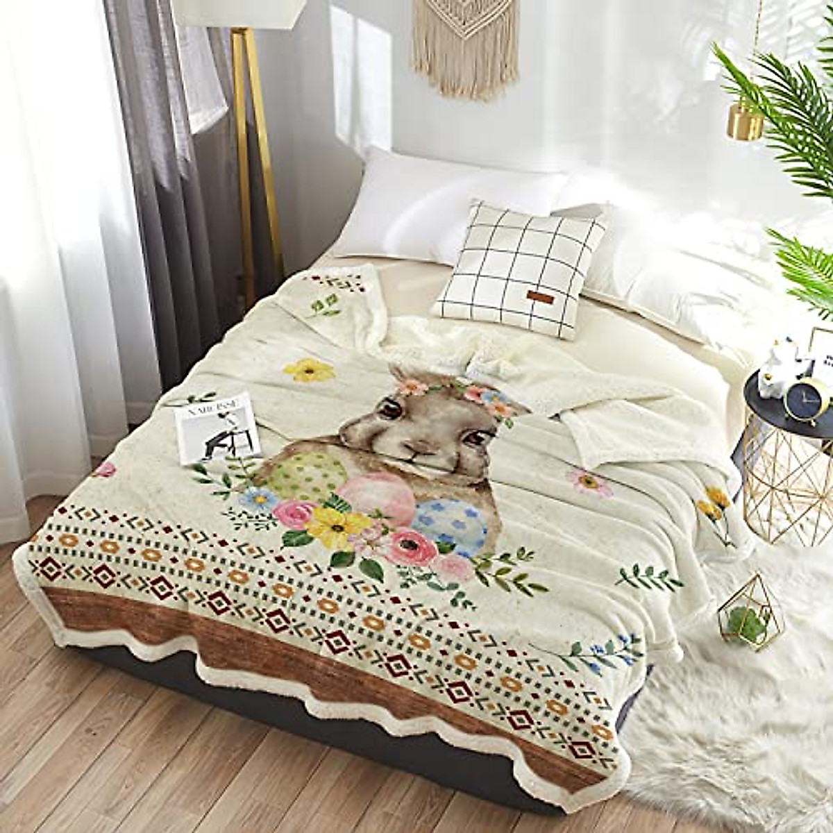Fantasy Staring Easter Bunny Sherpa Fleece Throw Blanket - Farmhouse Easter Eggs Rabbit Spring Flower Fluffy Super Soft Microfiber Blanket Fuzzy Blanket for Couch Bed Sofa 50 x 80 Inches