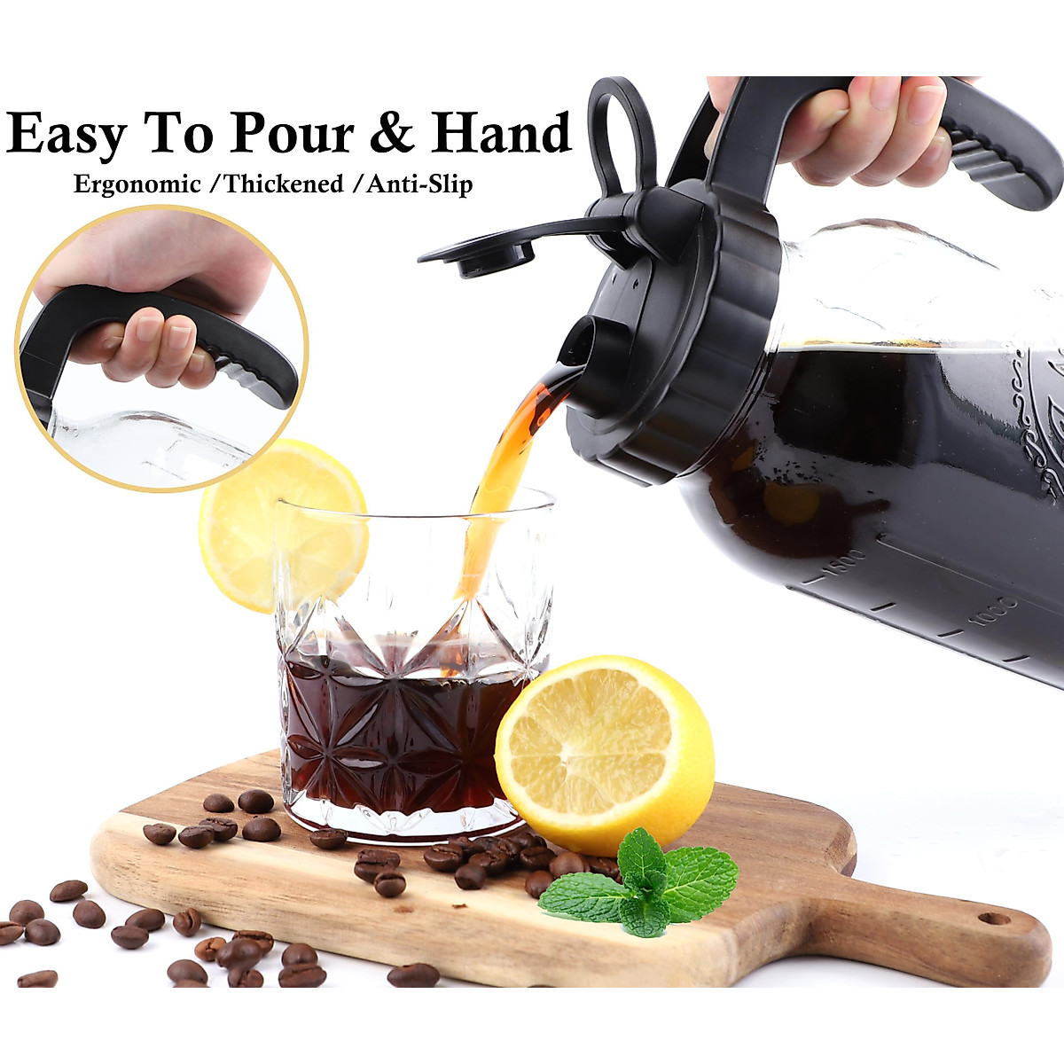 Cold Brew Coffee Maker Half Gallon 2 Set Glass Mason Jar Pitcher With Spout Lid Filter 2 Quart Wide Mouth Iced Tea Brewing Jug Heavy Duty Handle Airtight & Leak-Proof Pitcher For Fridge Sun Tea 64 OZ