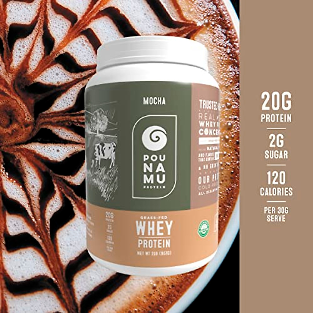 Pounamu Protein - Grass Fed Whey Protein. 365 Day Free Range, Non GMO. Sourced from New Zealand. 2lb Tub. (Mocha, 2LB)