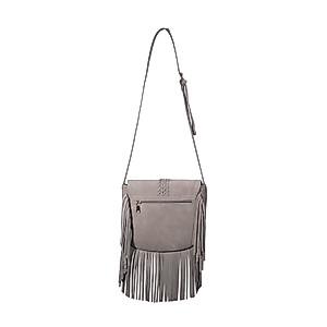 ZLYC Women Bohemian Nubuck Leather Fringe Bag Pouch Tribal Tassel Cross Body Shoulder Bag, Gray