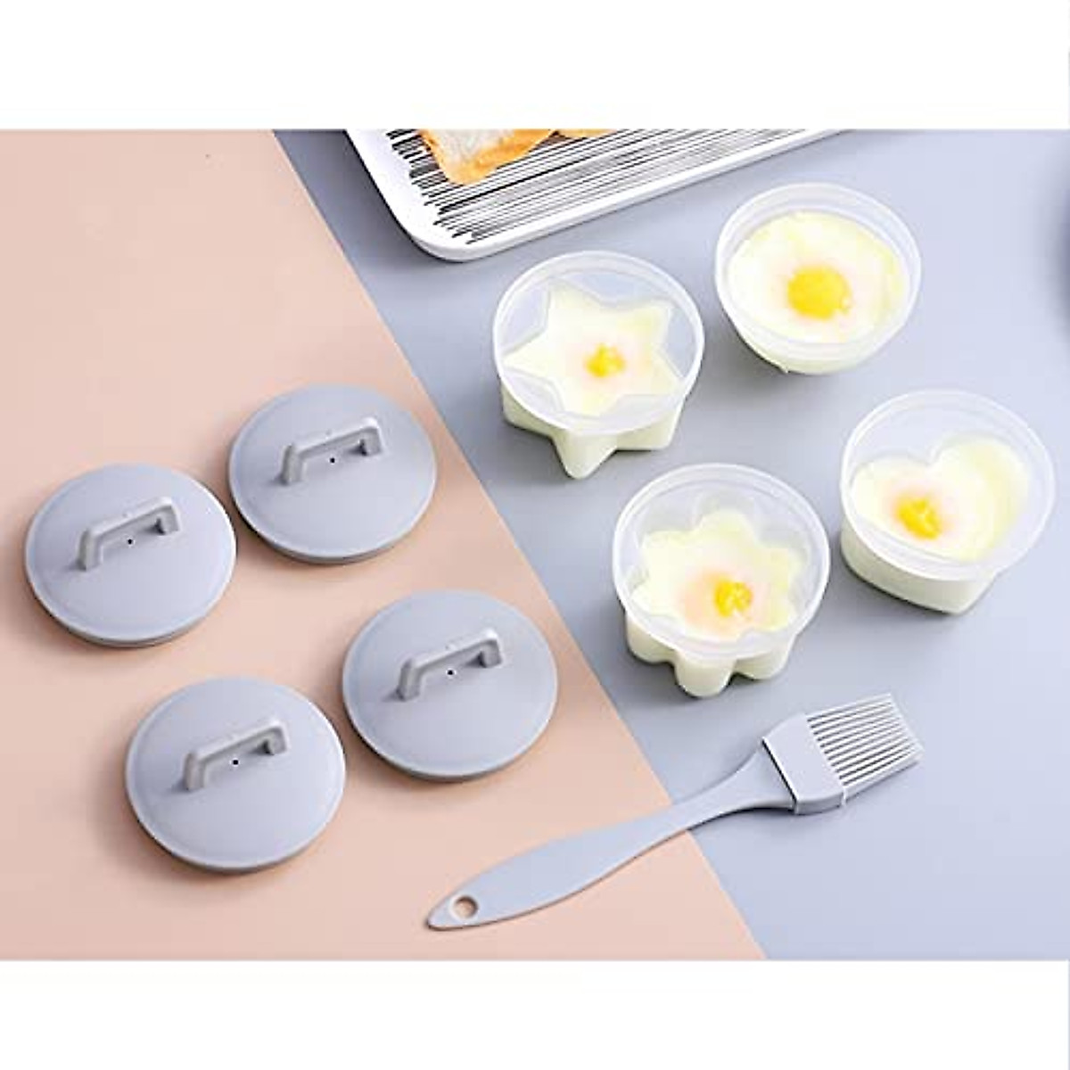 4 Pcs/Set Cute Egg Boiler Plastic Egg Poacher Set Kitchen Egg Cooker Tools Egg Mold Form with Lid Brush Pancake Maker