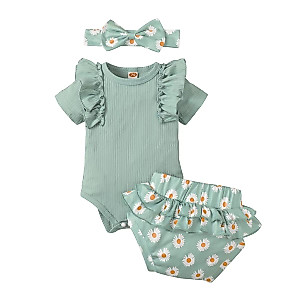 Newborn Baby Girl Clothes Infant Short Ruffle Romper Floral Pants Baby Girl Summer Outfits (Green, 3-6 Months)