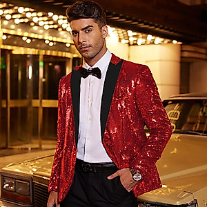 COOFANDY Mens Sequin Suit Jacket Stylish Shawl Lapel Glitter Blazer Jacket with Pockets Red