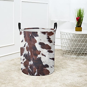 Storage Basket,Longhorn white cowhide with black and brown spots,Collapsible Large Laundry Hamper with Handles for Home Office 17.32"X13.58"
